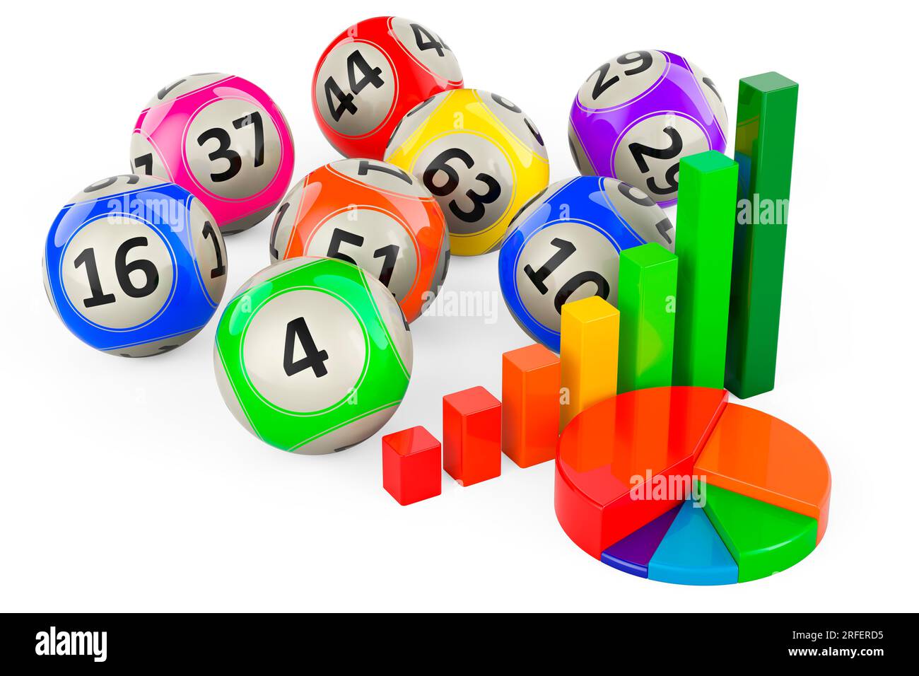 Lottery balls with growth bar graph and pie chart, 3D rendering ...