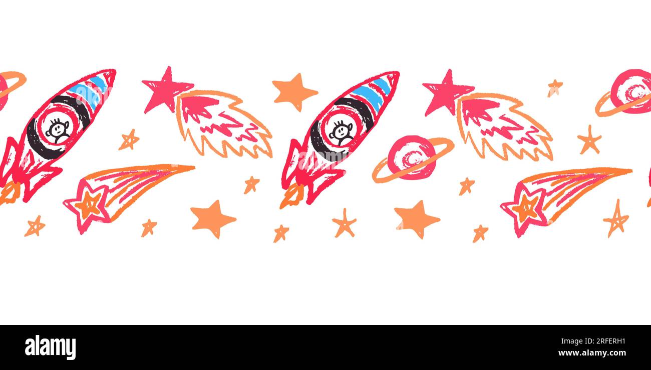 Space seamless border. Rockets. Drawings with wax crayons. Vector ...