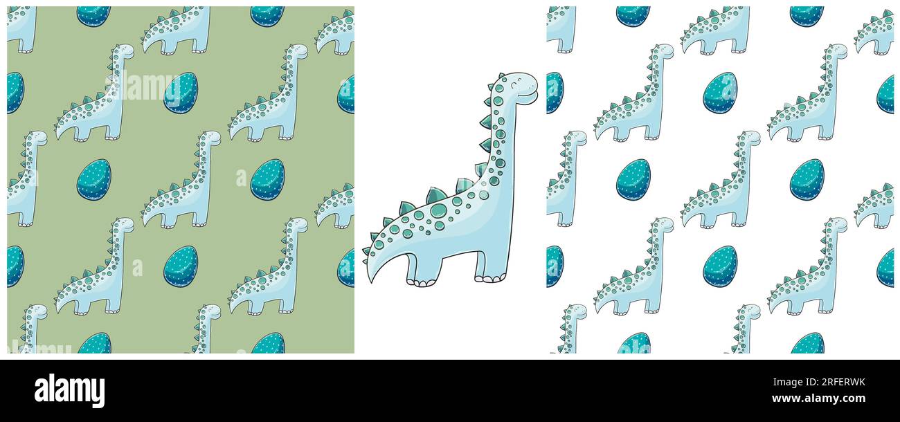 Dinosaurs Set in blue palette. Hand drawn cute dinosaurs seamless ...