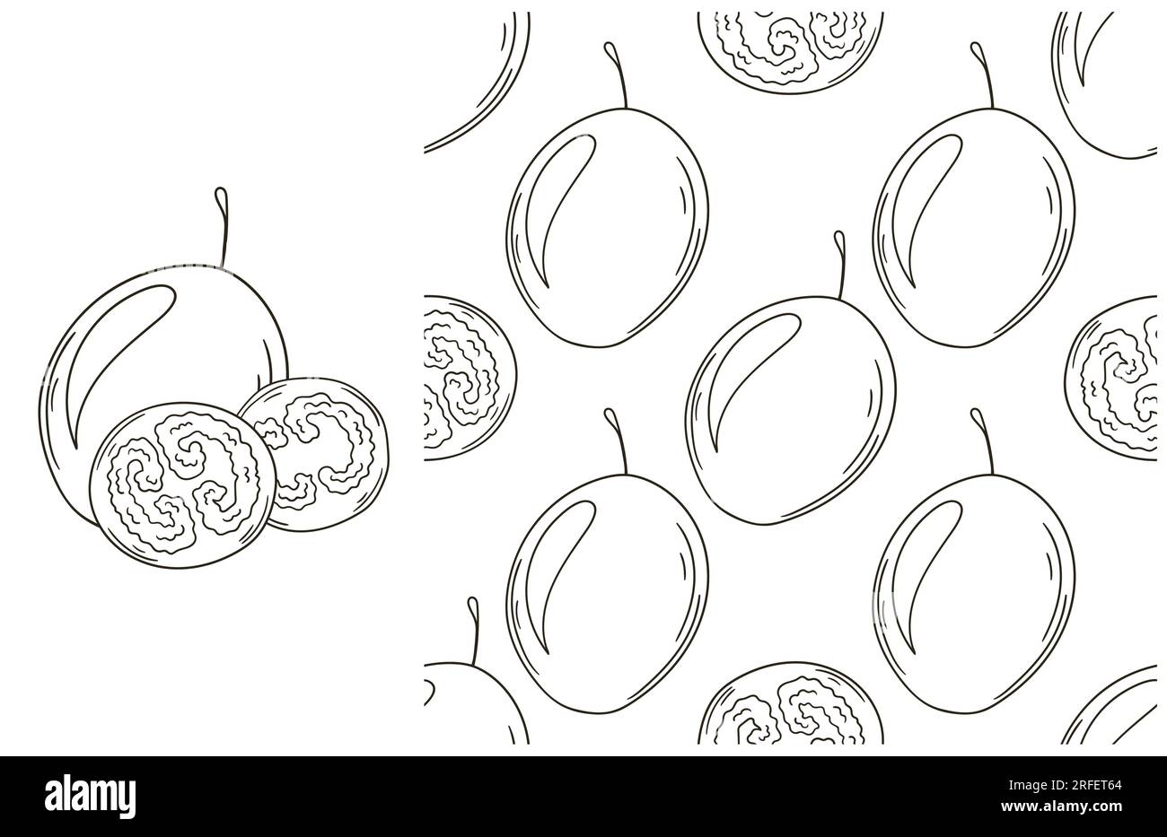 Coloring pattern with tropical fruits. Tamarillo. Set in hand draw ...