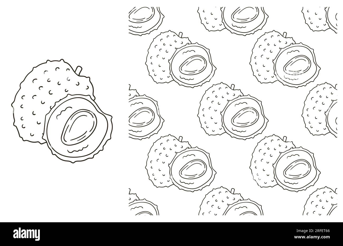 Litchi. Coloring pattern with tropical fruits. Set in hand draw style ...