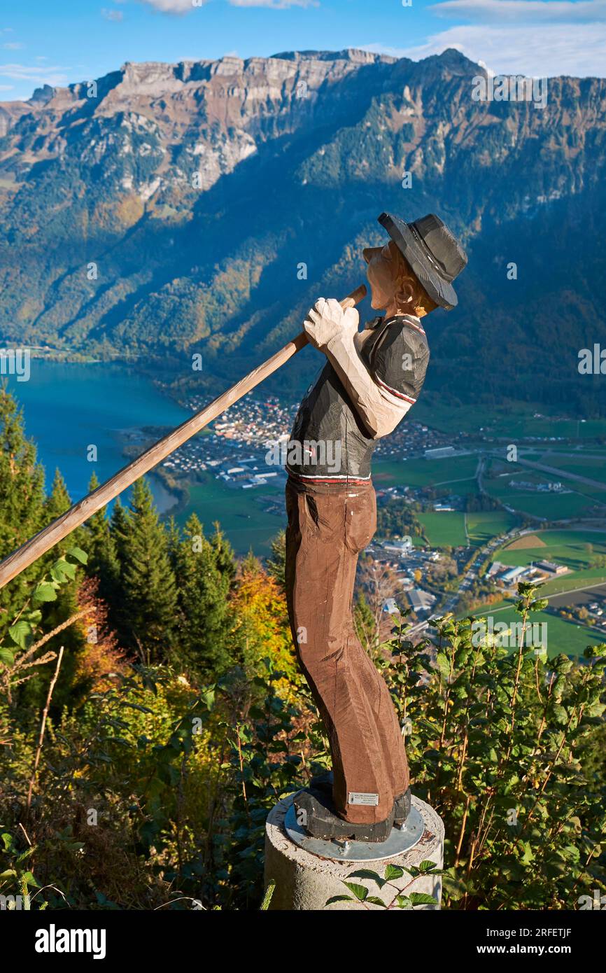 Switzerland, canton of Berne, Interlaken, wooden statue of the Harder ...