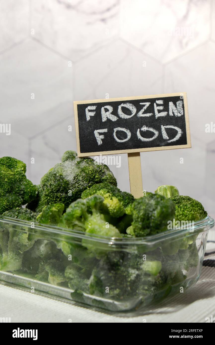 Frozen food broccoli florets with blackboard label and text FROZEN FOOD ...