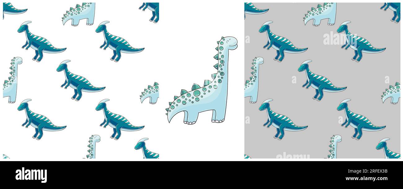 Hand drawn Set dinosaurs seamless pattern. Dinosaurs background in blue ...