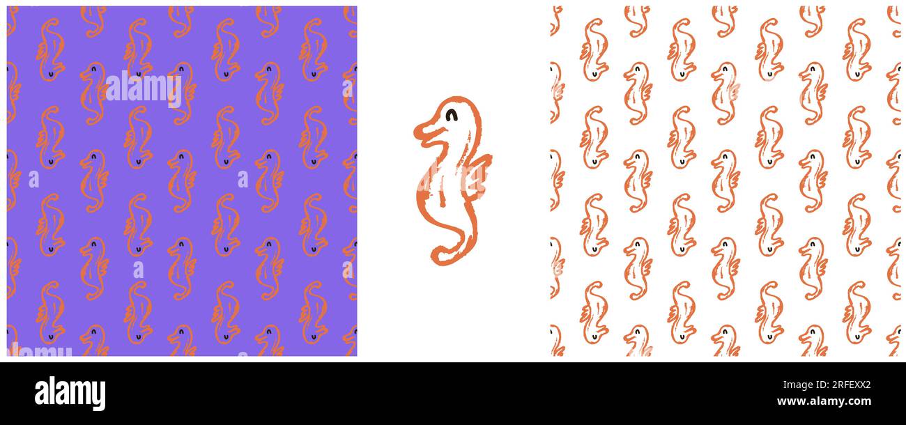 Marine seamless pattern. Sea Horses. Set drawings with wax crayons ...