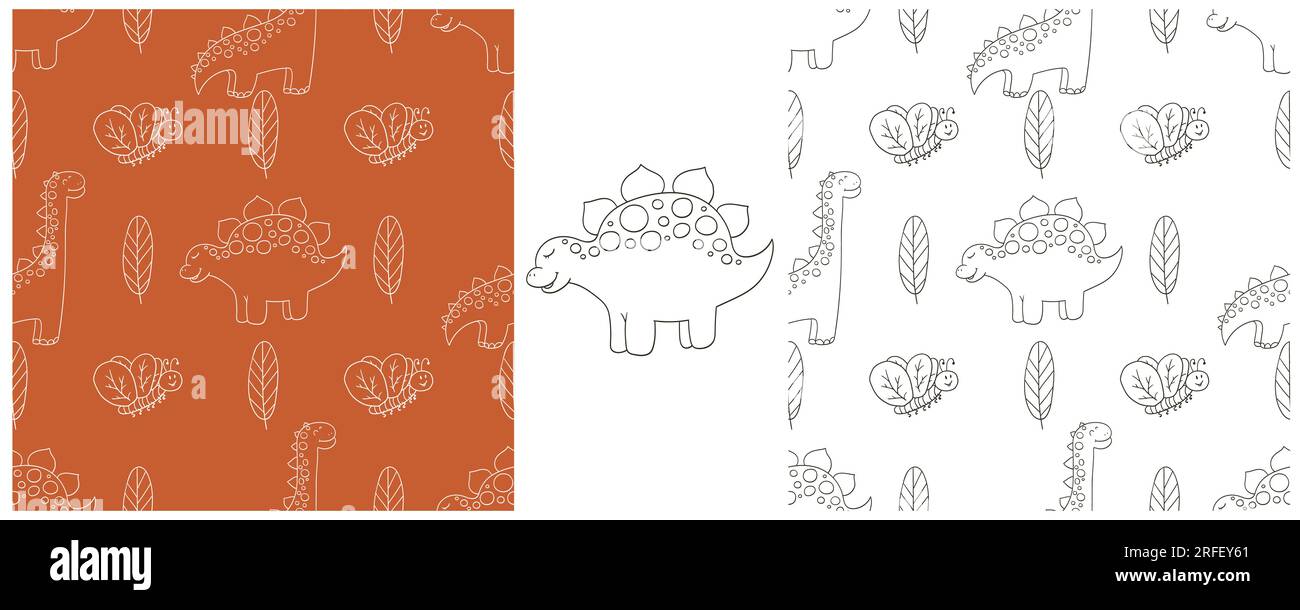 Dinosaurs Coloring Set. Hand drawn cute dinosaurs seamless pattern ...