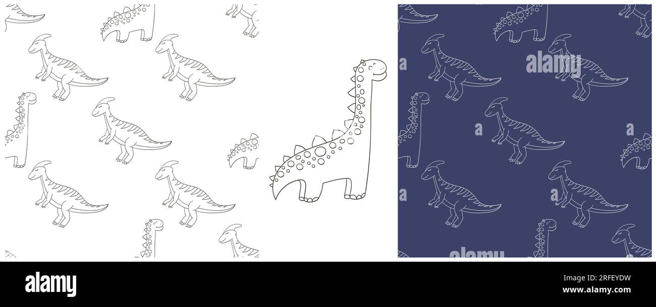 Hand drawn Set dinosaurs seamless pattern. Coloring Dinosaurs ...