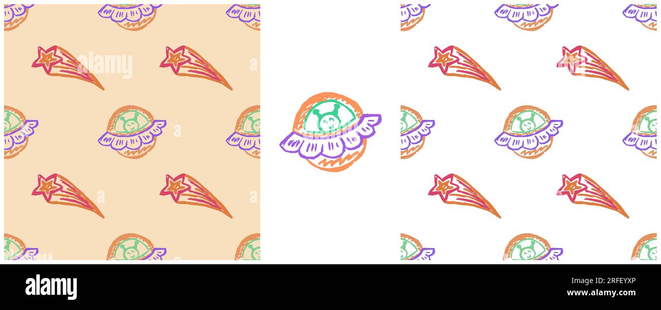 Space seamless pattern. Set drawings with wax crayons. Space, universe ...