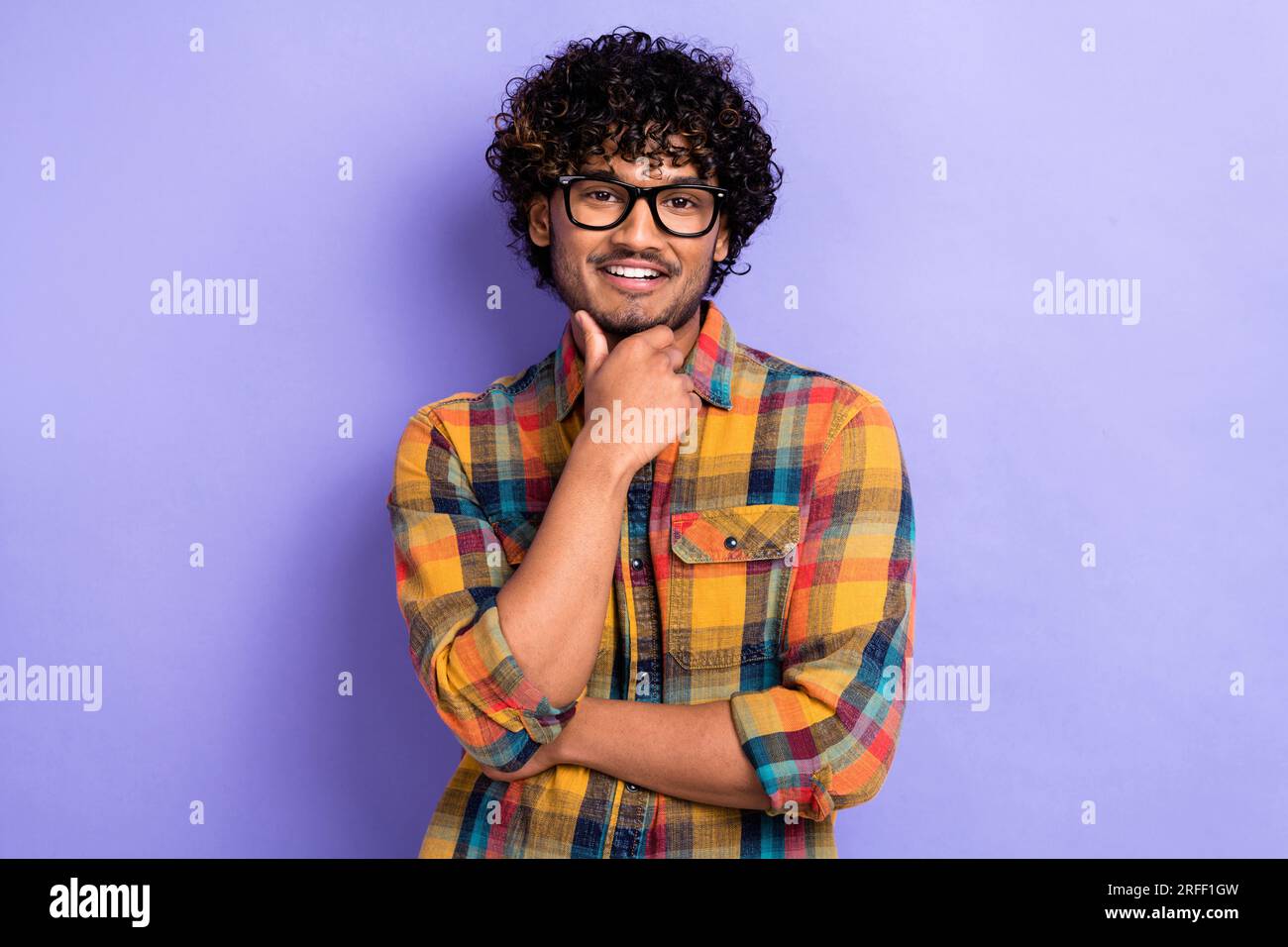 Photo of young man boss office team leader touch chin thoughtful wear ...