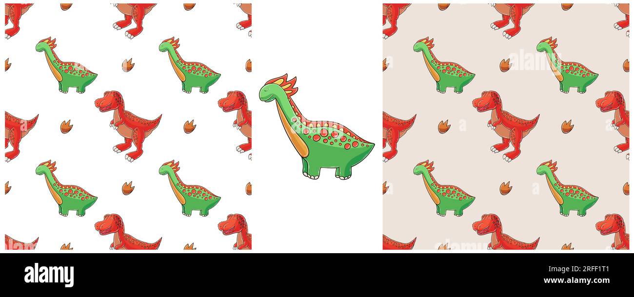 Set funny kids dinosaur pattern. Tyrannosaur. Colorful dinosaur vector ...