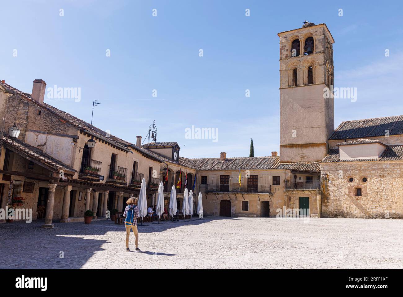 Spain, Castile and Leon, Pedraza, Plaza Mayor, San Juan Bautista church ...