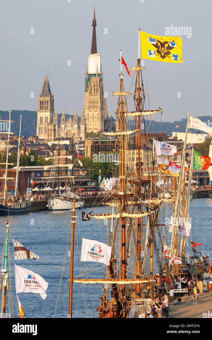 France, Seine-Maritime, Rouen, Armada 2023, tall ships docked at quay ...