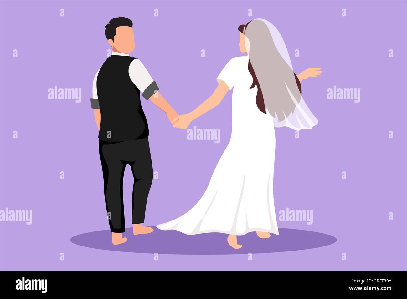 Graphic flat design drawing back view romantic married couple in love ...