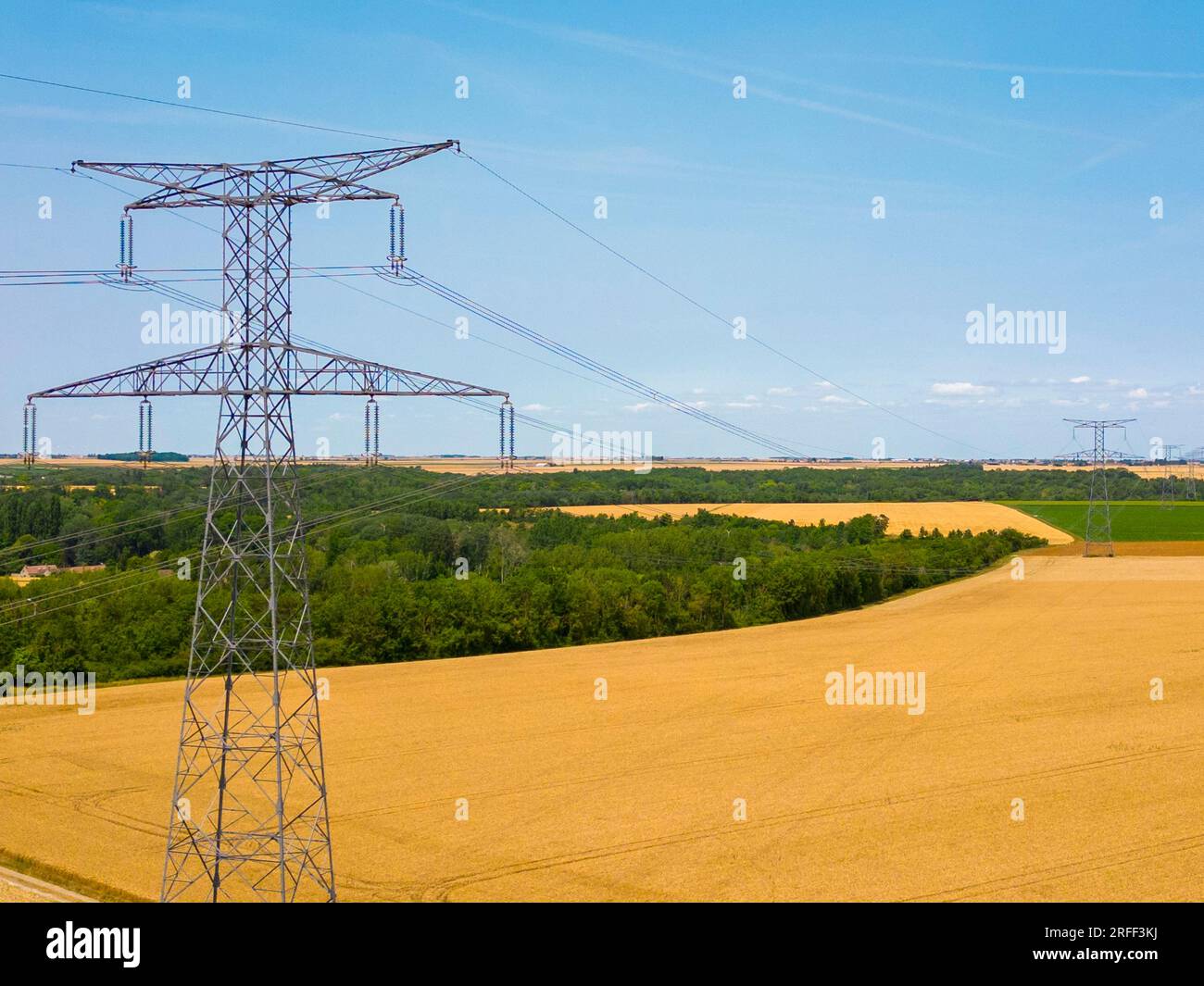 France, Essone, La Foret Sainte Croix, High Tension power line (aerial ...
