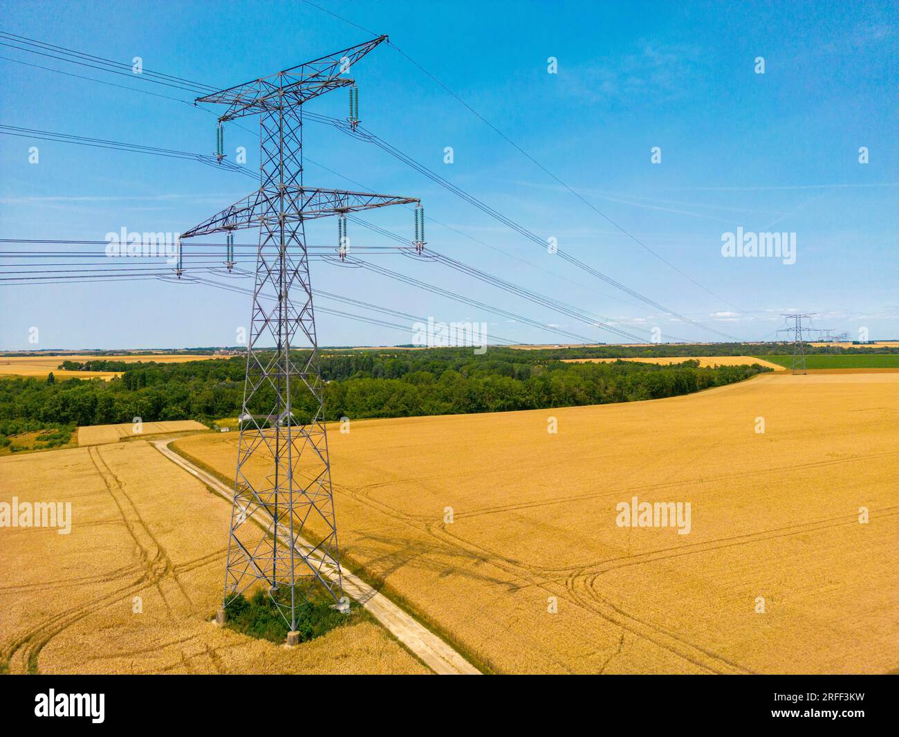 France, Essone, La Foret Sainte Croix, High Tension power line (aerial ...