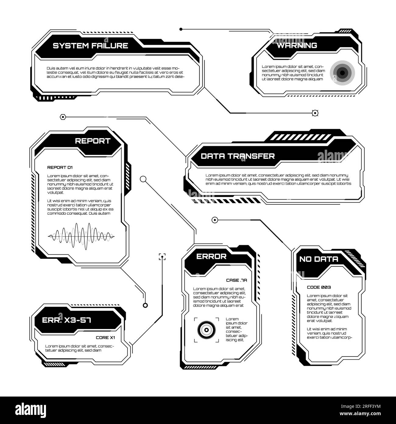 Black futuristic HUD, UI elements. Sci-fi user interface text boxes ...