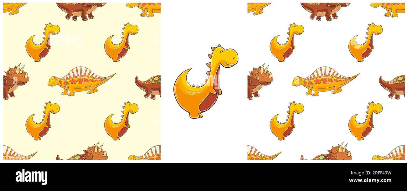 Set funny kids dinosaur pattern. Orange dinosaurs vector background ...