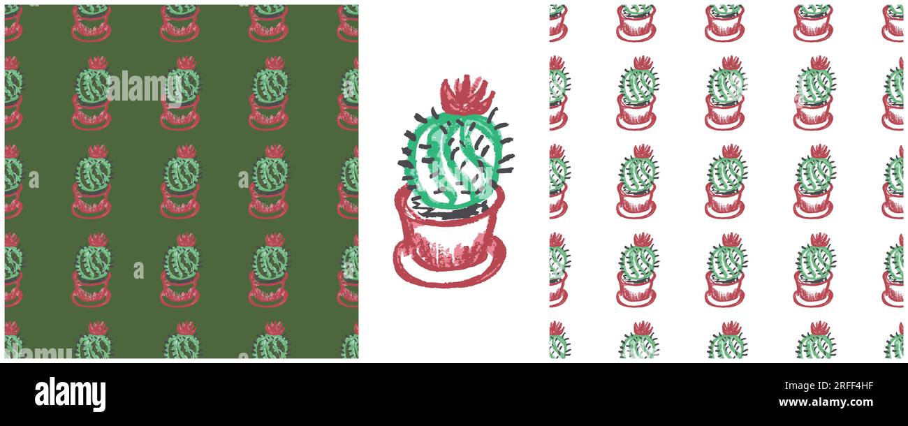 Cactus seamless pattern. Flowering cacti in pots. Set drawings with wax ...