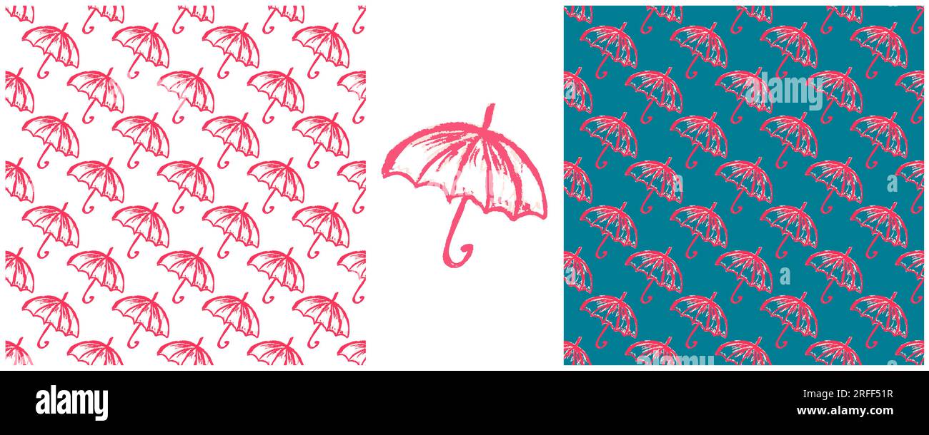 Rainy seamless pattern. Set drawings with wax crayons. Umbrellas. Print ...