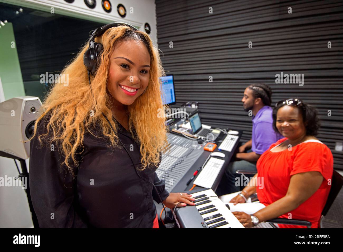 United States, Tennessee, Memphis, singer Kay C records in the studio ...