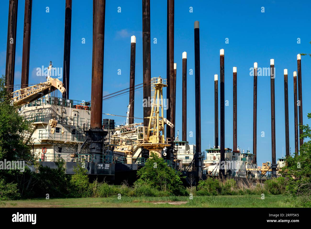 United States, Louisiana, Abbeville, Oil rig under maintenance in the ...