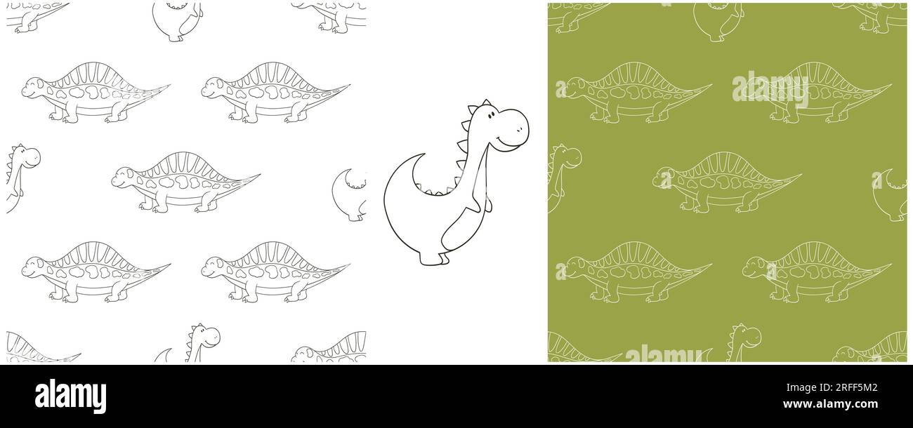 Set Coloring dinosaurs seamless pattern. Dinosaurs of the Jurassic ...