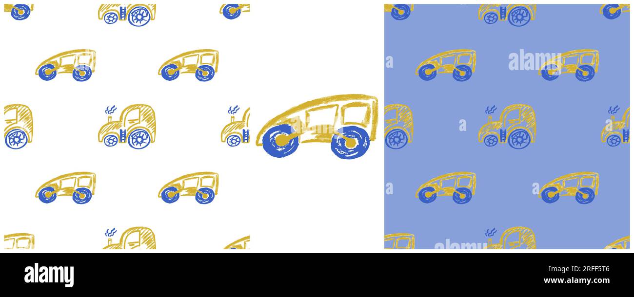 Boys seamless pattern. Tractor, car. Set drawings with wax crayons ...