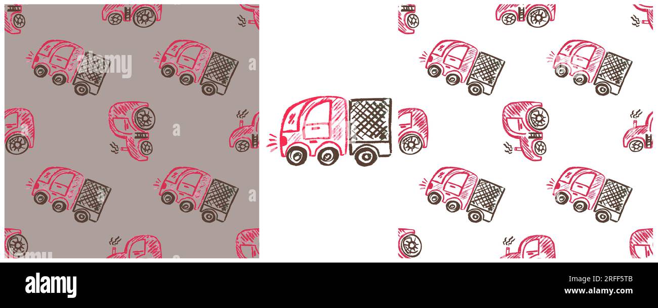 Boys seamless pattern. Car, tractor, truck. Set drawings with wax ...