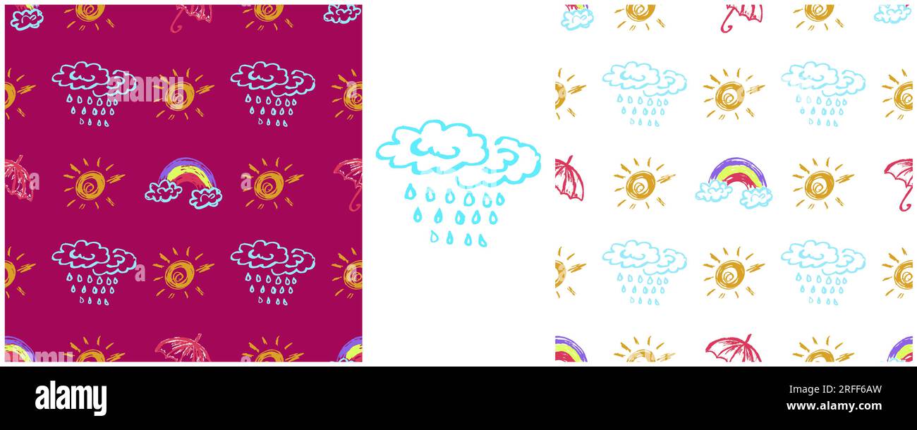 Umbrellas seamless pattern. Set drawings with wax crayons. Clouds, rain ...
