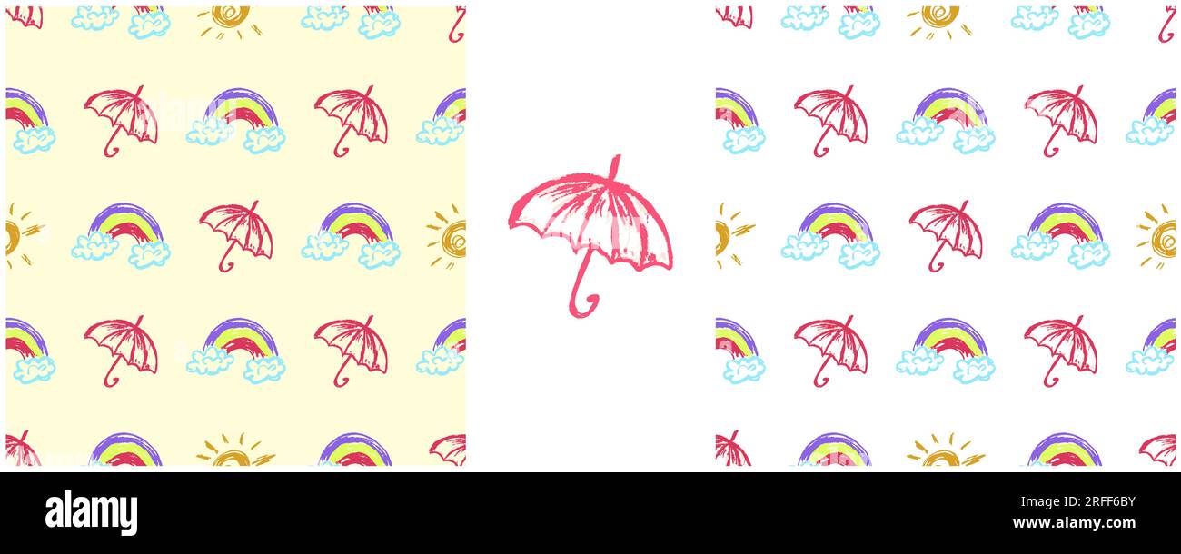 Umbrellas seamless pattern. Set drawings with wax crayons. Rainbow ...