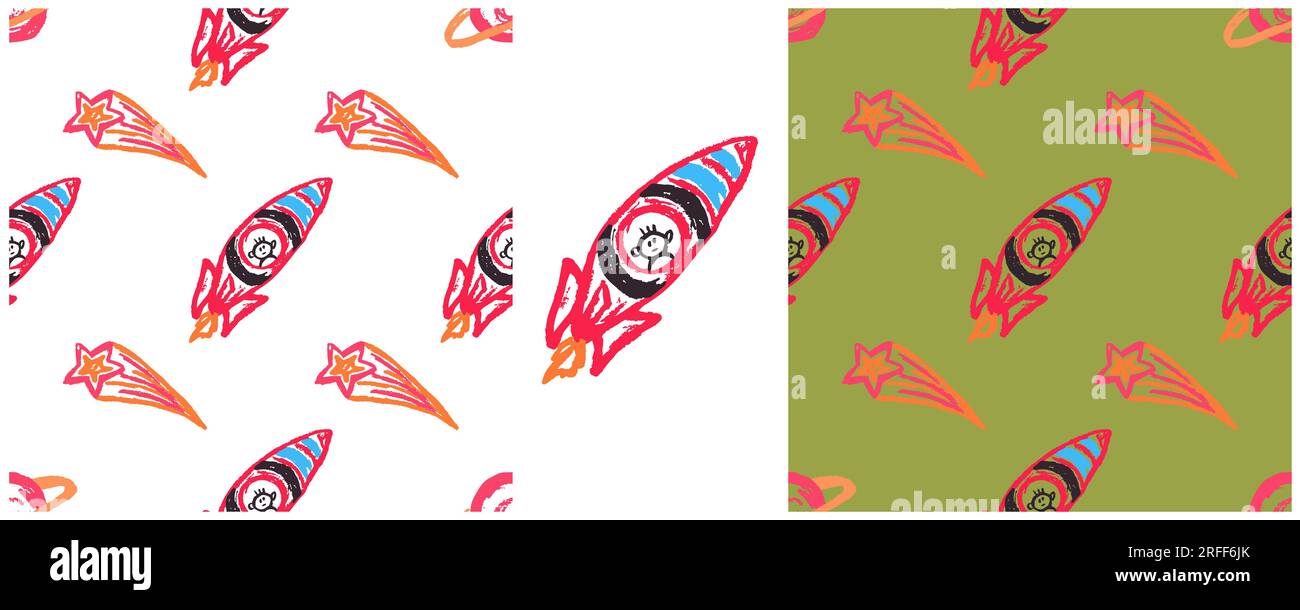 Space seamless pattern. Rockets, comets. Set drawings with wax crayons ...