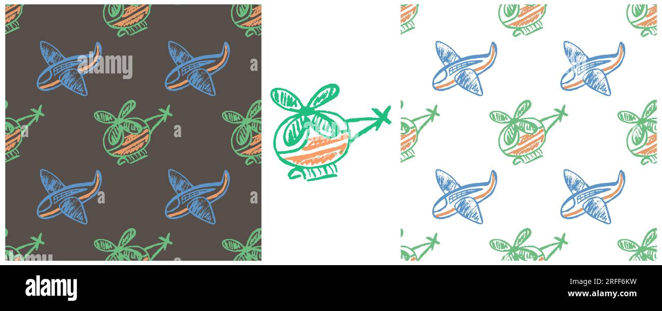 Air transport seamless pattern. Set drawings with wax crayons ...