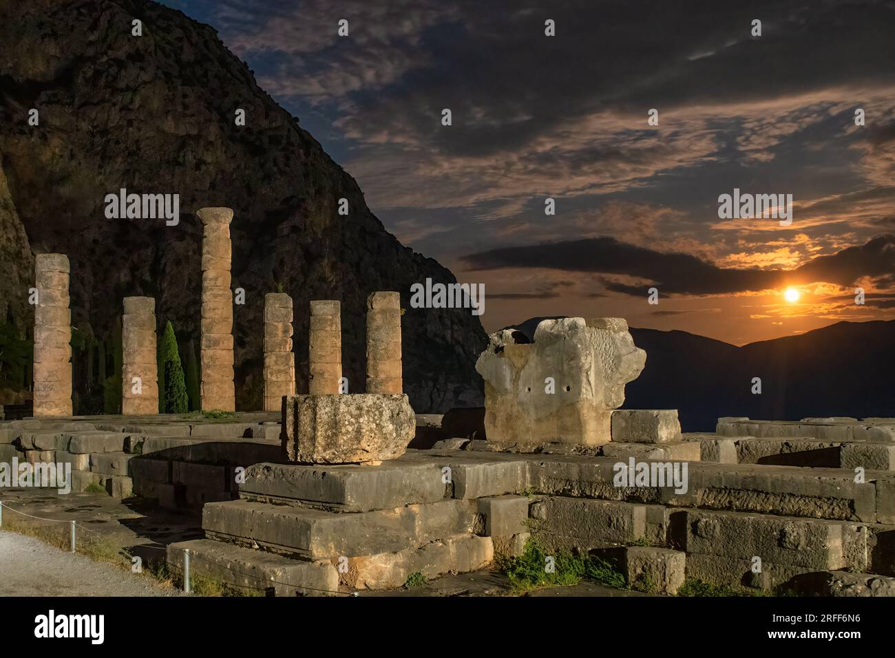Temple of Apollo at Delphi in Greece during night Stock Photo - Alamy