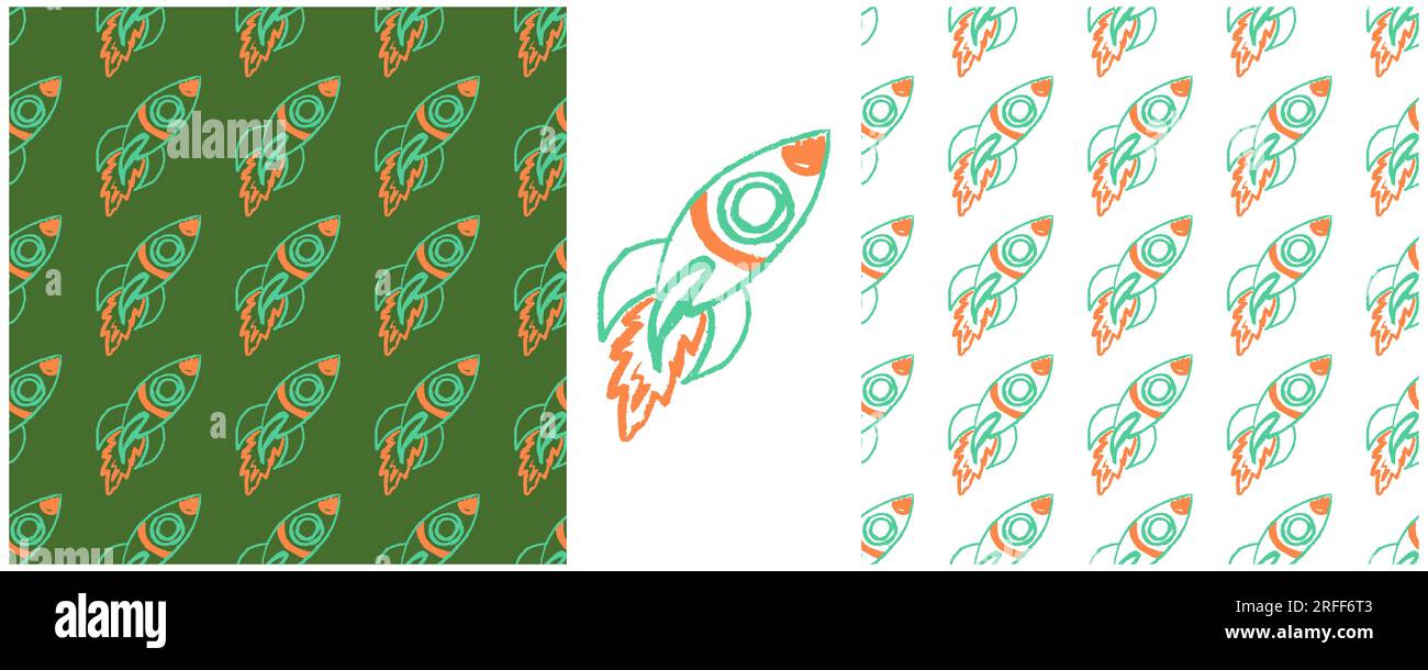 Space seamless pattern. Set drawings with wax crayons. Rockets ...