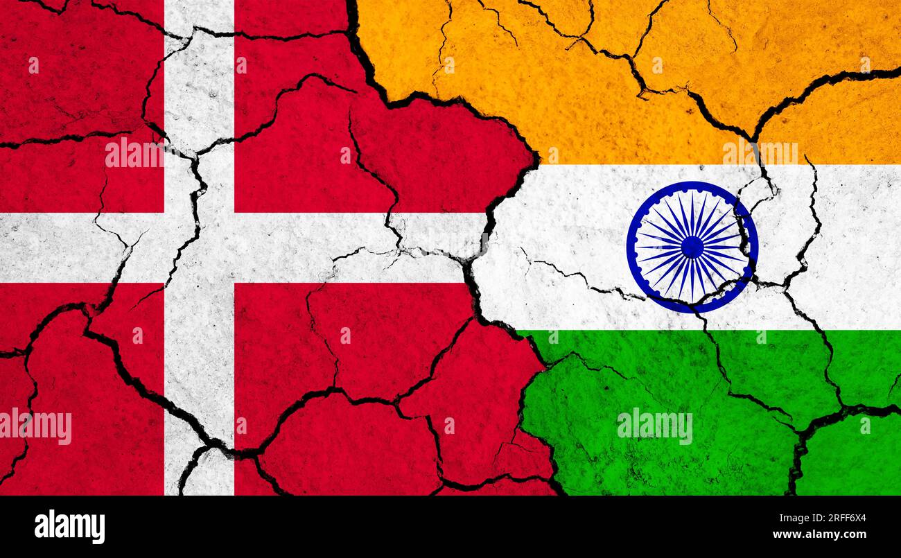 Flags of Denmark and India on cracked surface - politics, relationship ...