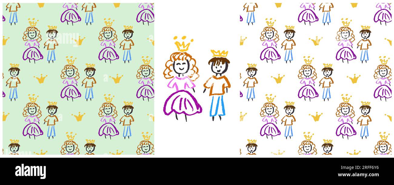 Fairytale seamless pattern. Princess, prince. Set drawings with wax ...