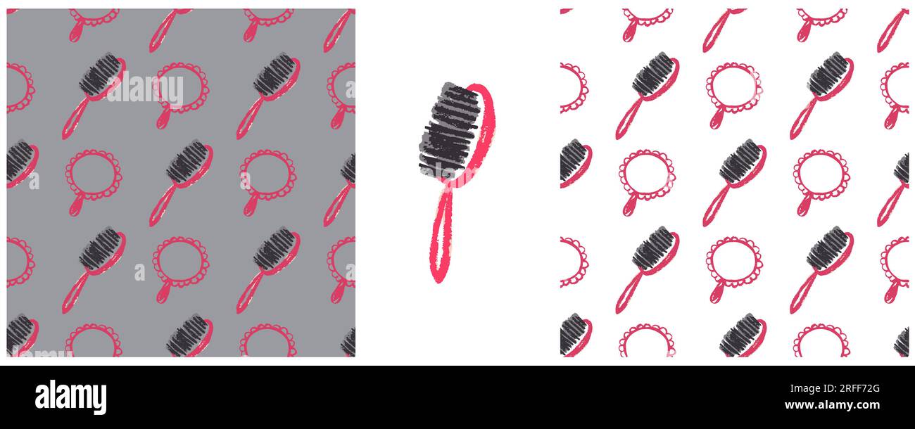 Cosmetics seamless pattern. Mirror, comb. Set drawings with wax crayons ...