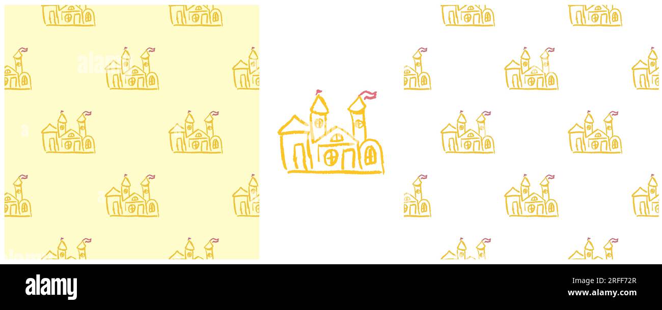 Fairytale seamless pattern. Castle, princess. Set drawings with wax ...