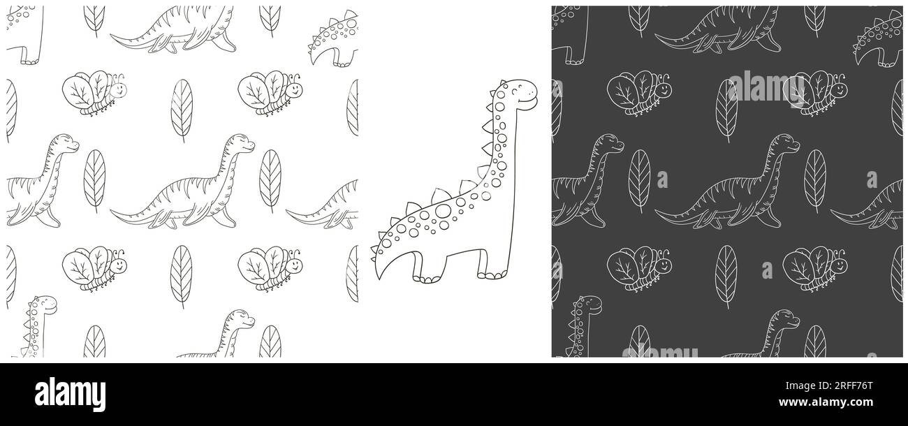 Dinosaurs Coloring Set. Hand drawn cute dinosaurs seamless pattern ...