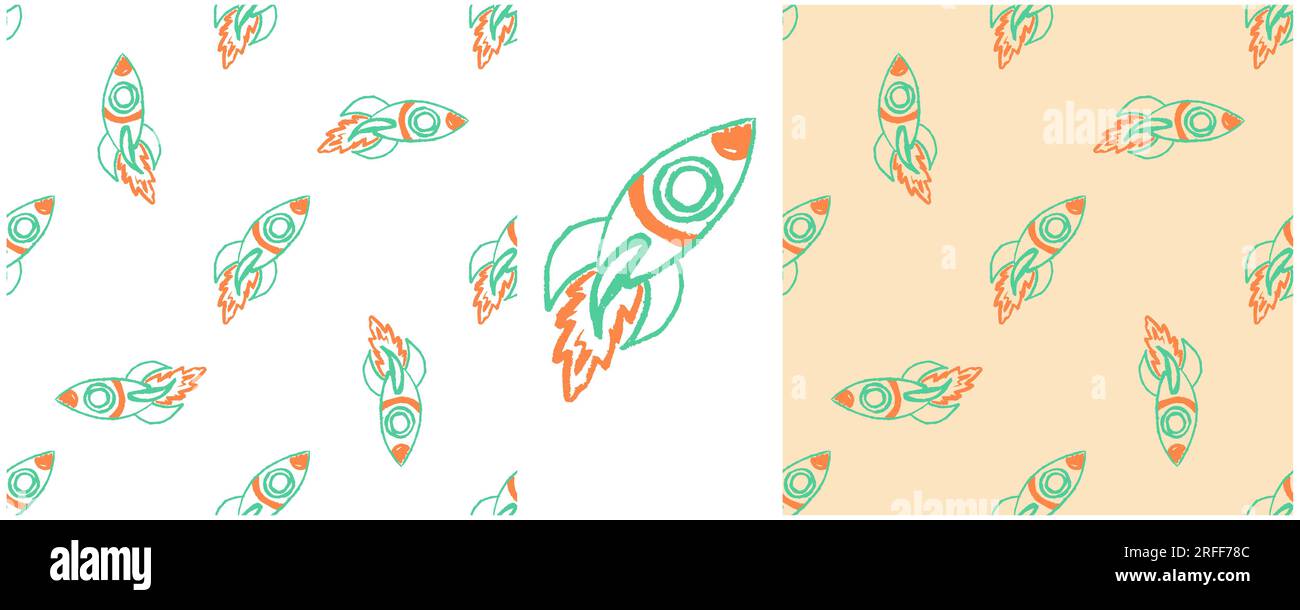 Space seamless pattern. Set drawings with wax crayons. Rockets ...