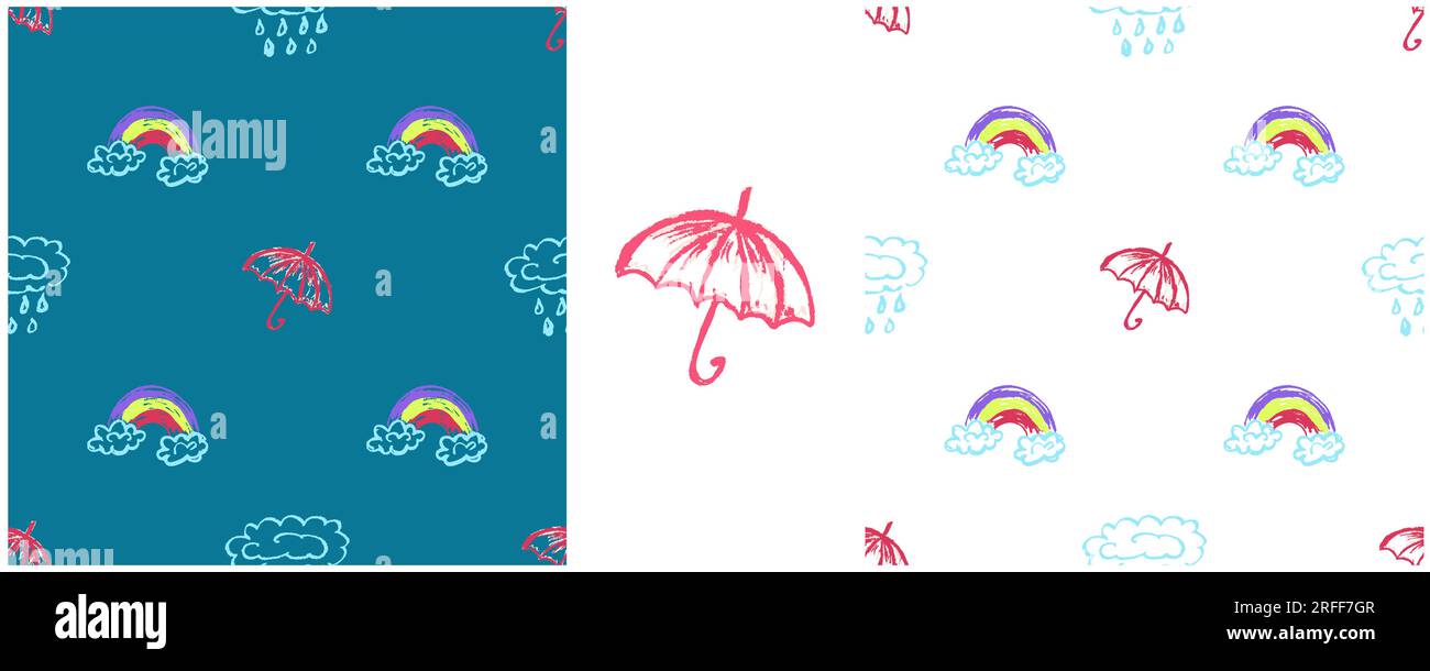 Umbrellas seamless pattern. Set drawings with wax crayons. Clouds, rain ...