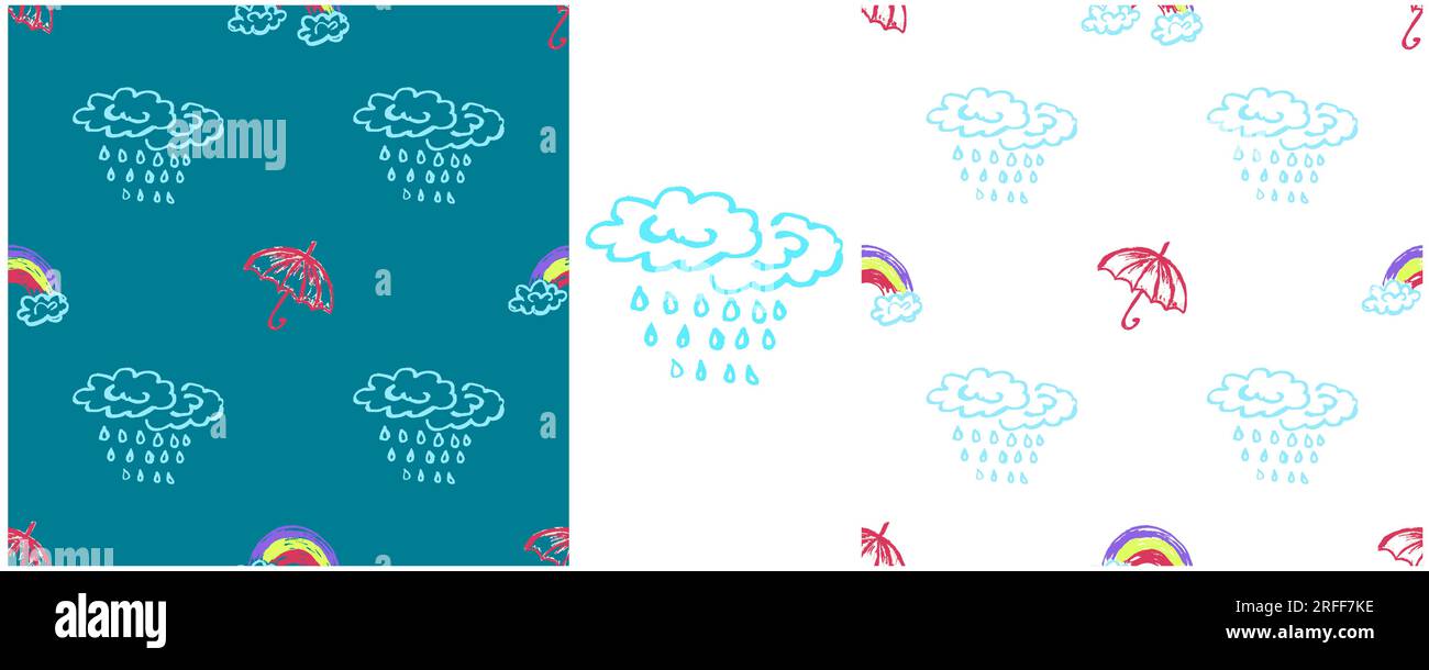 Umbrellas seamless pattern. Set drawings with wax crayons. Clouds, rain ...