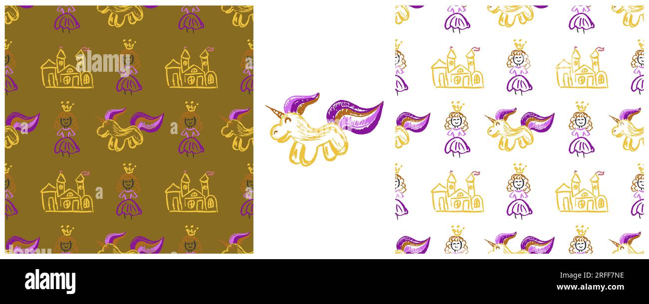 Fairytale seamless pattern. Princess, unicorn. Set drawings with wax ...