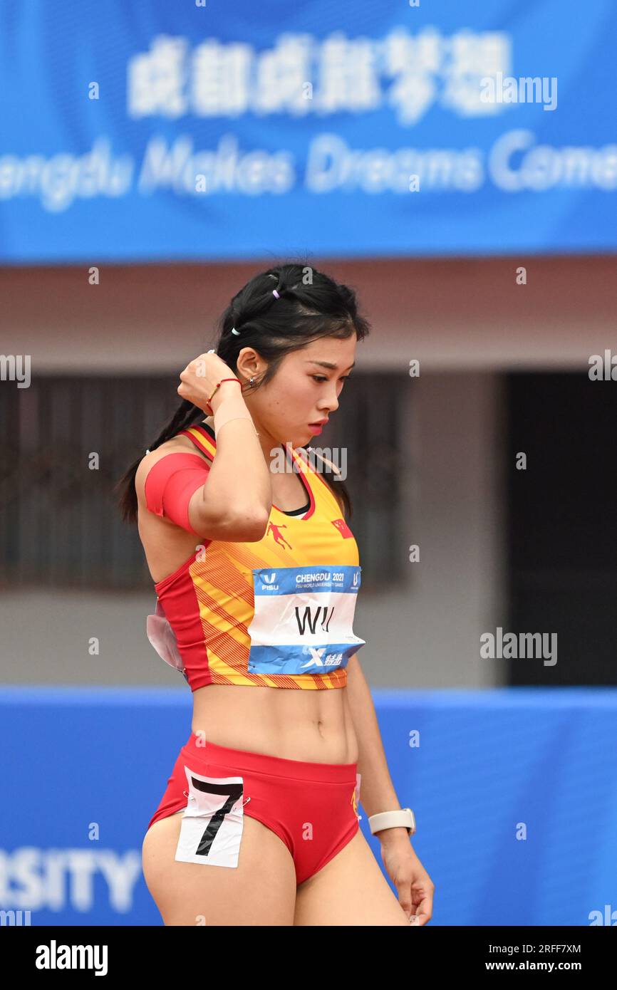 Chengdu, China's Sichuan Province. 3rd Aug, 2023. Wu Yanni (front) of China reacts prior to the ...