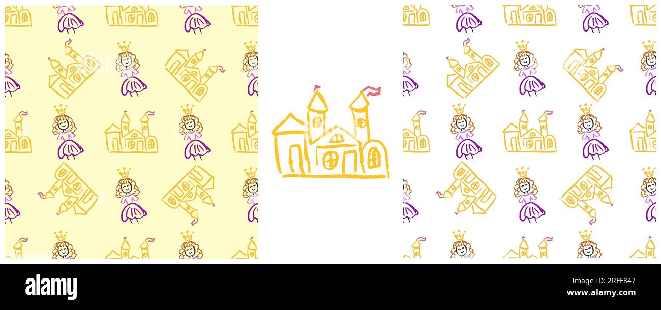 Fairytale seamless pattern. Princess. Set drawings with wax crayons ...