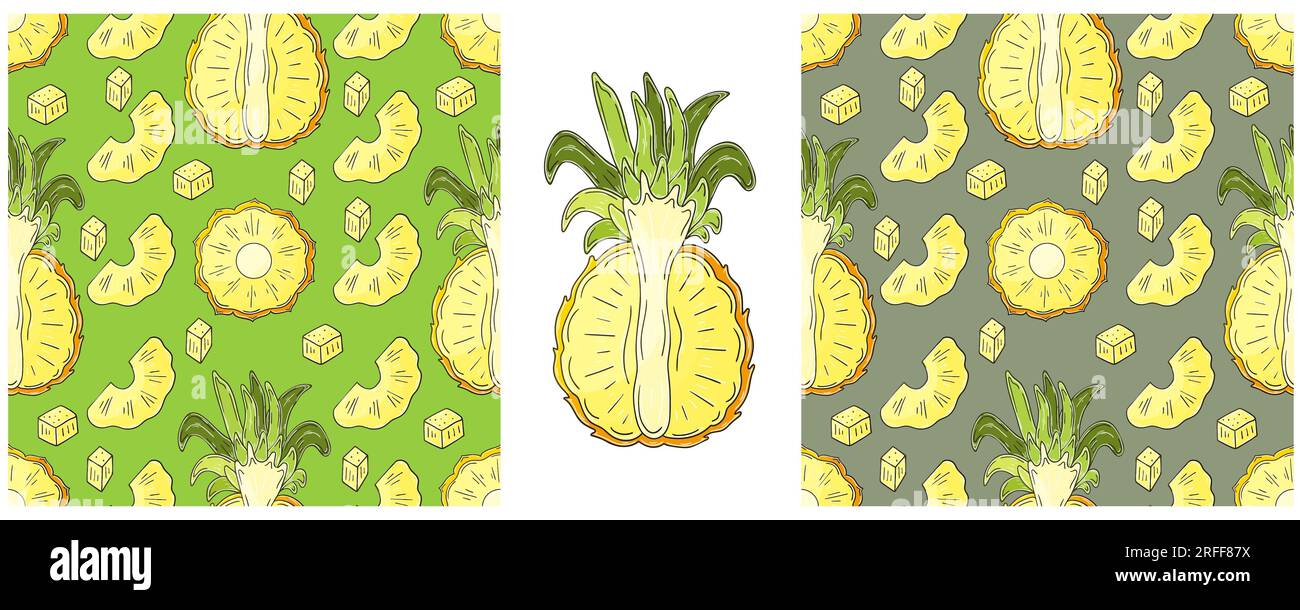 Seamless pattern with tropical fruits. Set in hand draw style ...