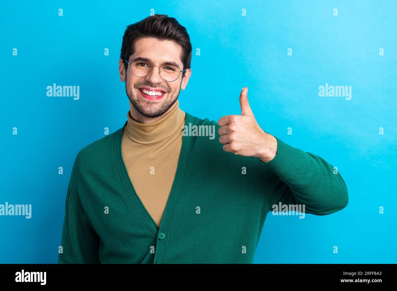Portrait of positive friendly person toothy smile hand finger ...