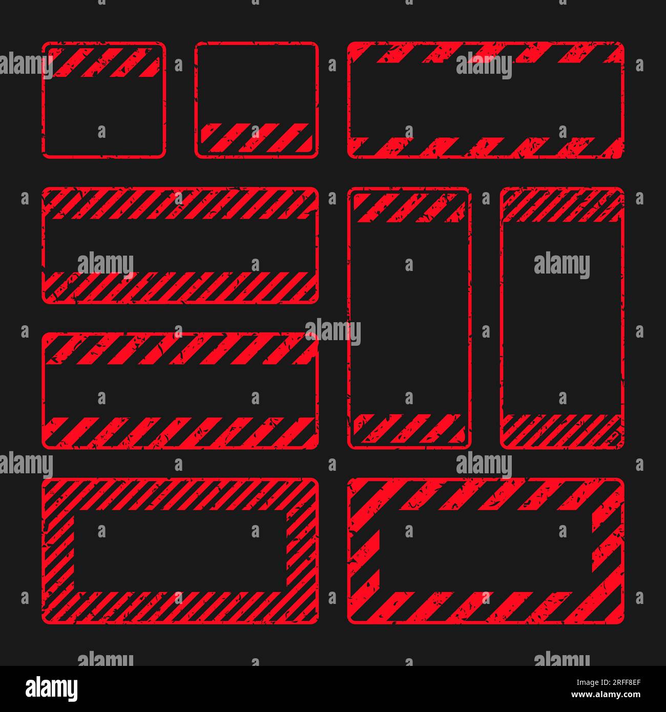 Various red grunge warning signs with diagonal lines. Old attention ...