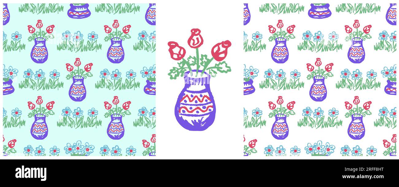 Floral seamless pattern. Flowers in a vase. Set drawings with wax ...