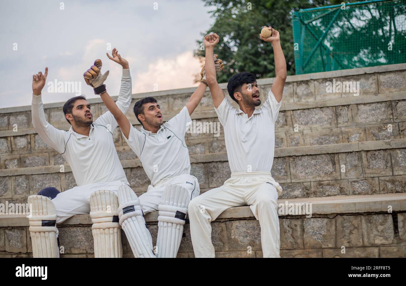 Cricket players encouraging their teammates during cricket match at the ...